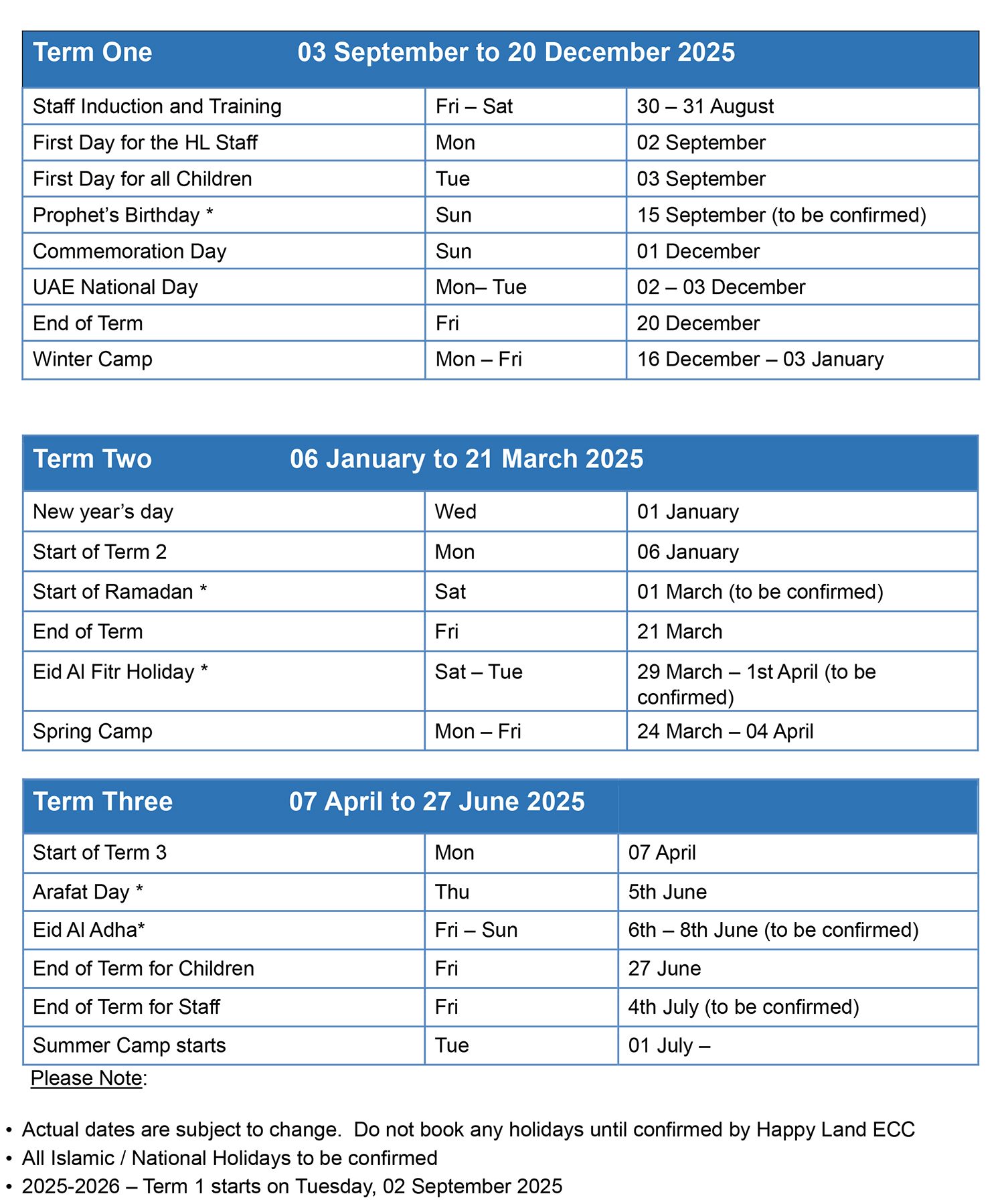 Happy Land ECC Academic Calendar 2024-2025